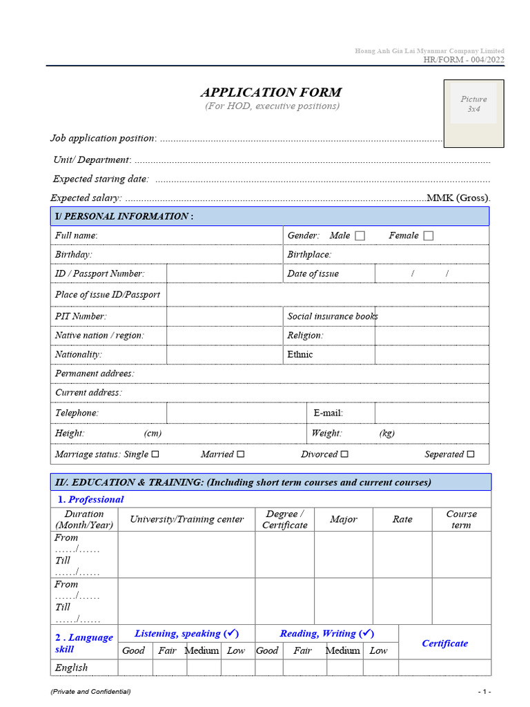 HAGL Myanmar Job Application Form | PDF | Social Psychology