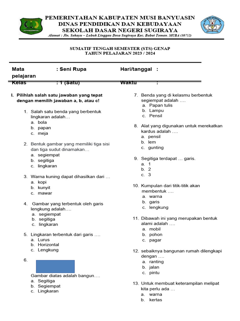 Soal STS Seni Rupa Sem 2 Kelas 1 | PDF