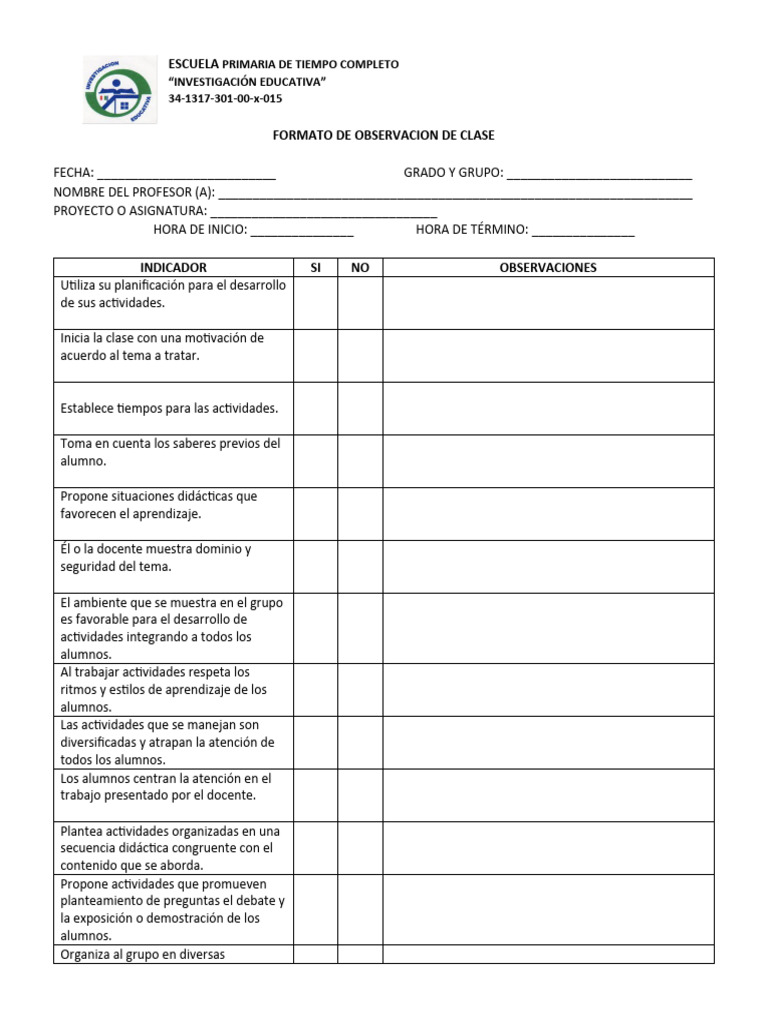 Formato de Observacion de Clase | PDF | Maestros | Aprendizaje