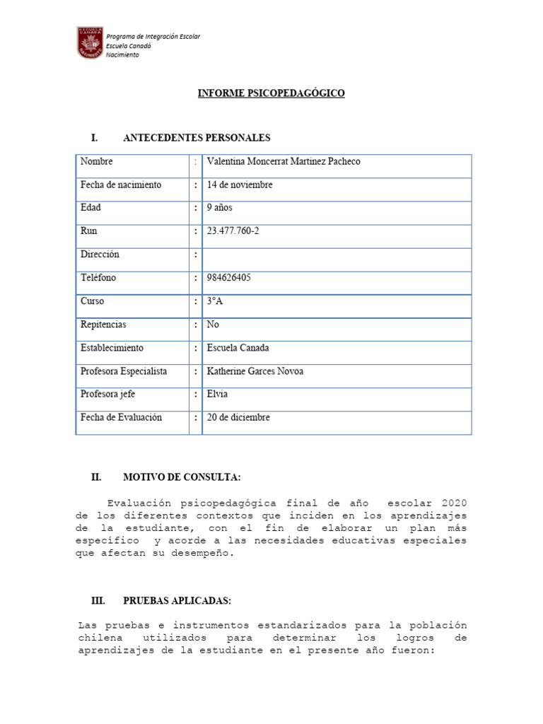 Formato Inf. Psicopedagógico | PDF | Evaluación | Maestros