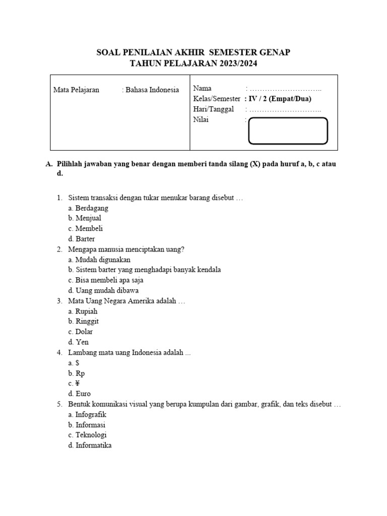 Soal Pat 2 B.indo Kelas 4 | PDF