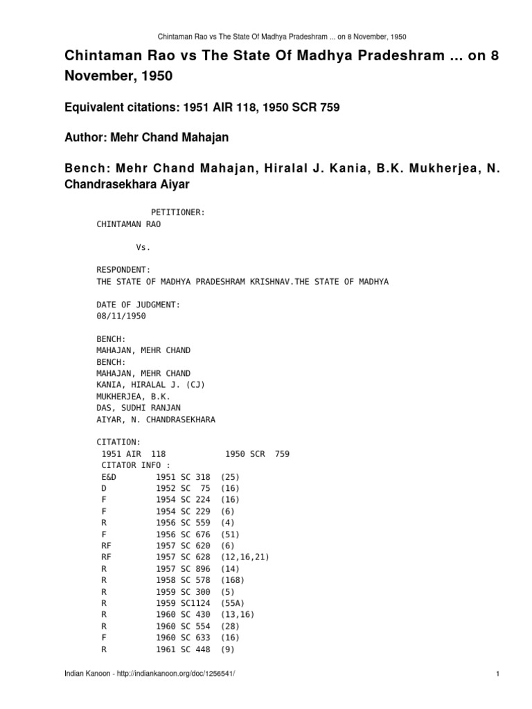 Chintaman Rao Vs The State of Madhya Pradeshram On 8 November 1950 PDF ...