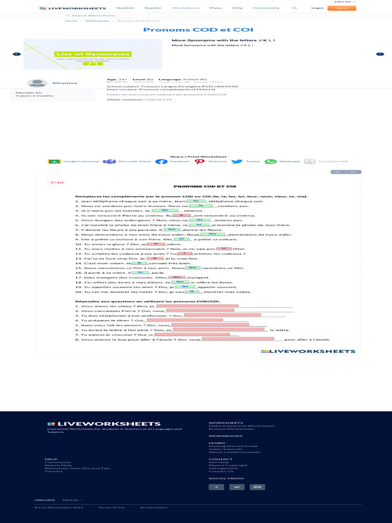 Pronoms COD Et COI Interactive Worksheet - Live Worksheets | PDF | Cyberspace | World Wide Web