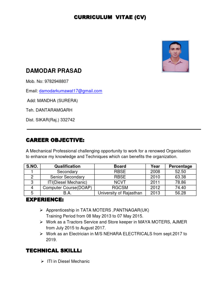 Damodar Prasad CV | PDF | Career & Growth