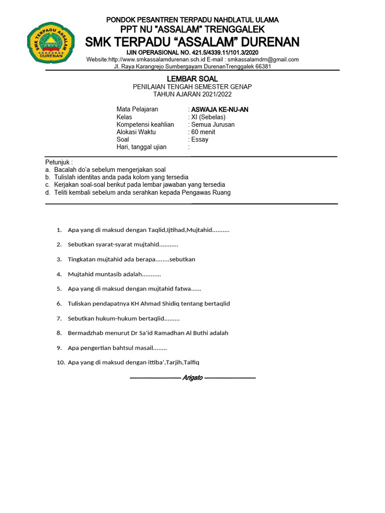 PTS Genap Aswaja Xi | PDF