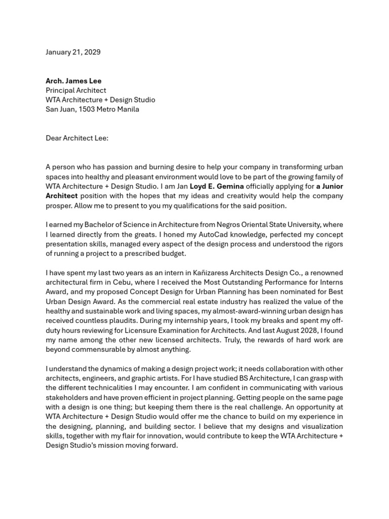 Sample Application Letter | PDF | Architect | Design