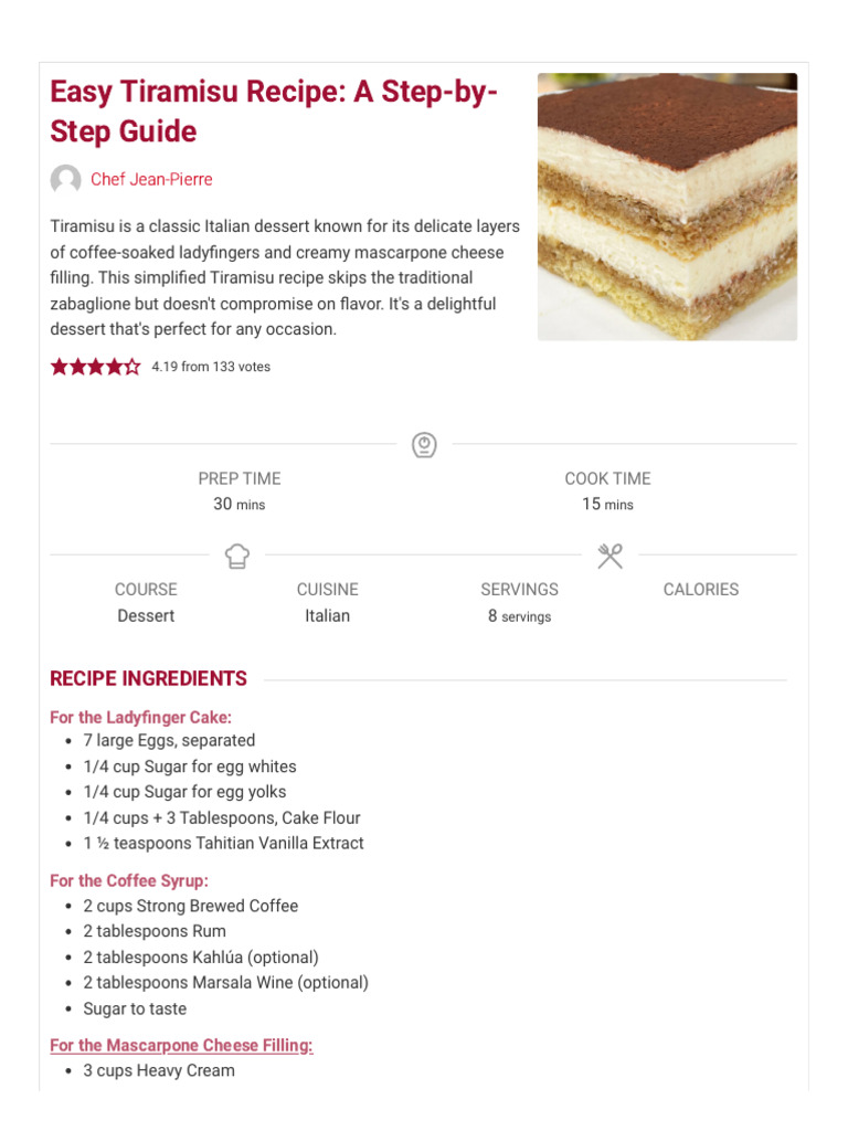 Easy Tiramisu Recipe_ a Step-By-Step Guide - Chef Jean-Pierre | Download Free PDF | Cakes | Desserts