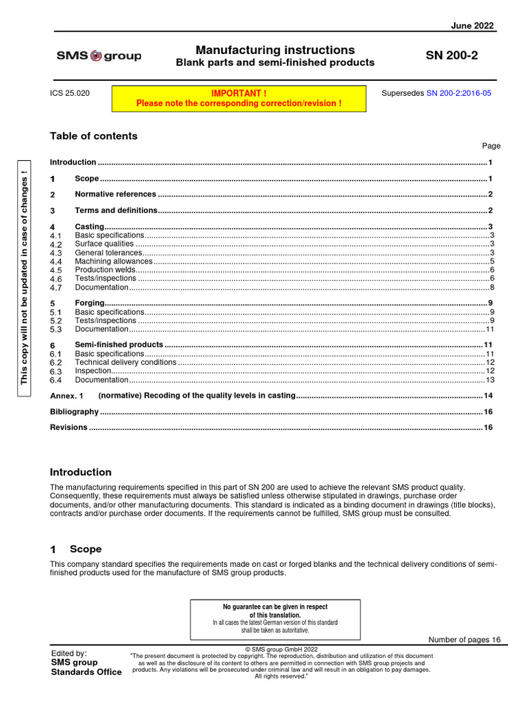 Manufacturing Instructions SN 200-2: Blank Parts and Semi-Finished ...