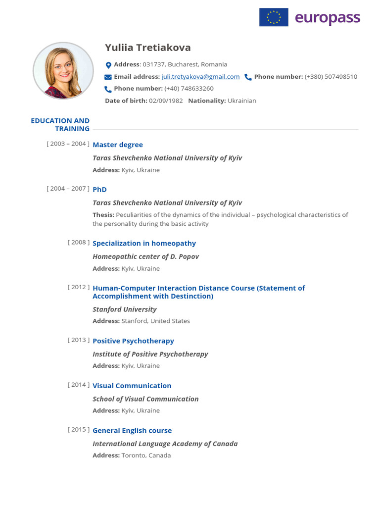 TretiakovaYuliia CV | PDF | Psychotherapy | Psychology