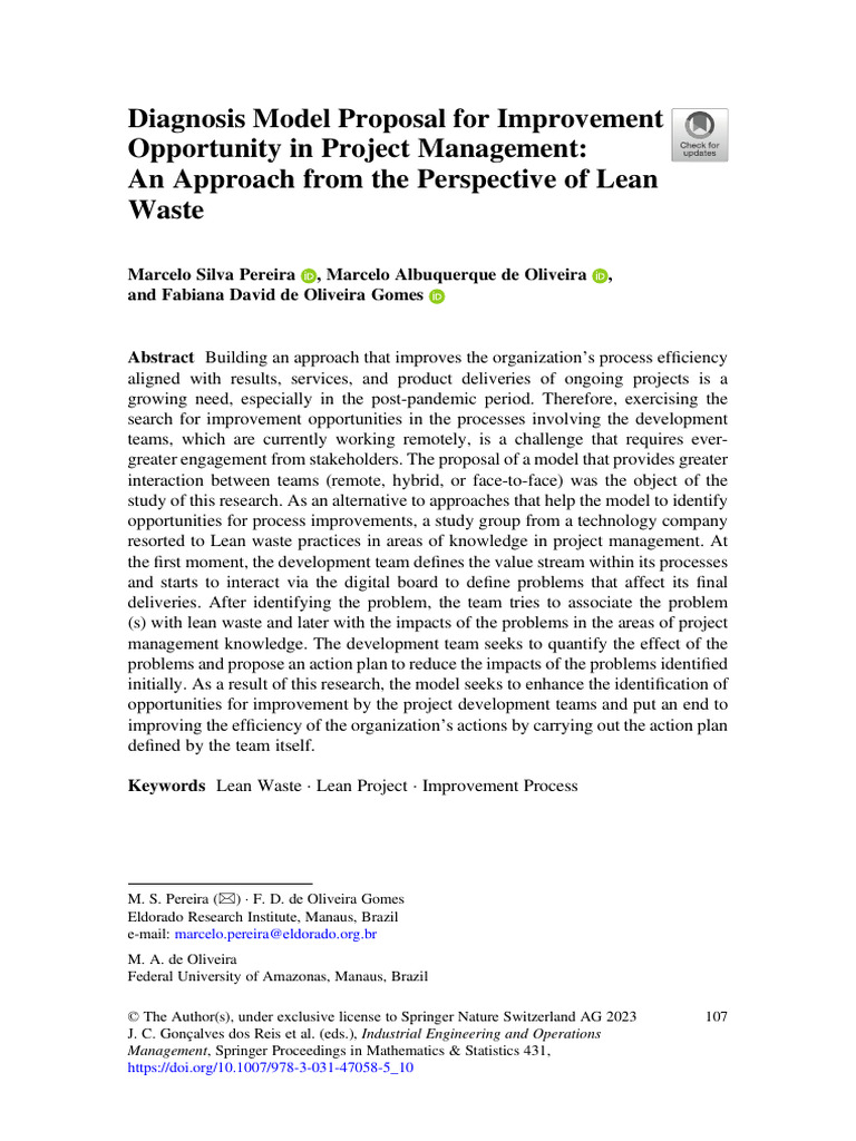 IJCIEOM 2023 - Diagnosis Model Proposal For Improvement Opportunity in Project Management ...