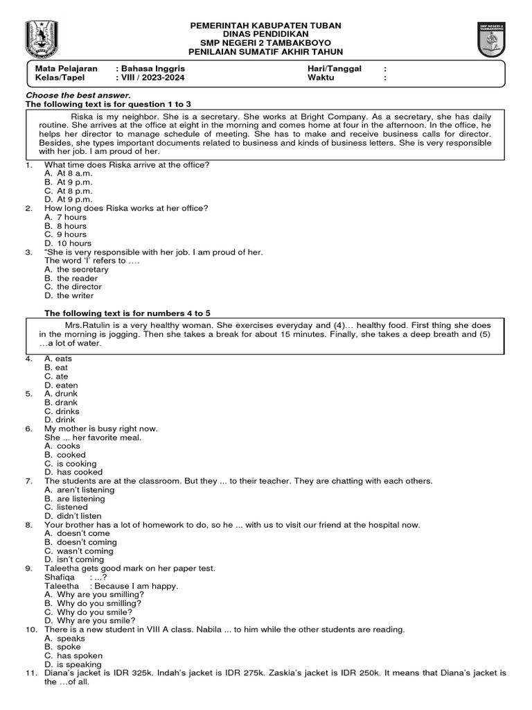 SMP Tambakboyo Year-End Test | PDF
