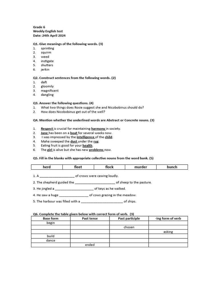 Grade 6 Weekly Test 1 - 24th April '24 | PDF | Language Arts ...