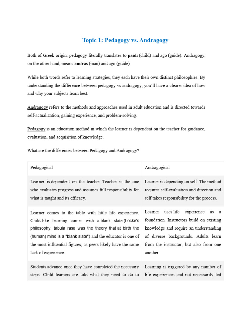 1 Pedagogy Vs Andragogy | PDF | Learning | Pedagogy