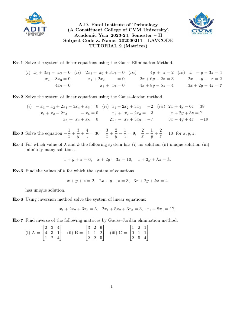 Tutorial - 2 | PDF | System Of Linear Equations | Equations