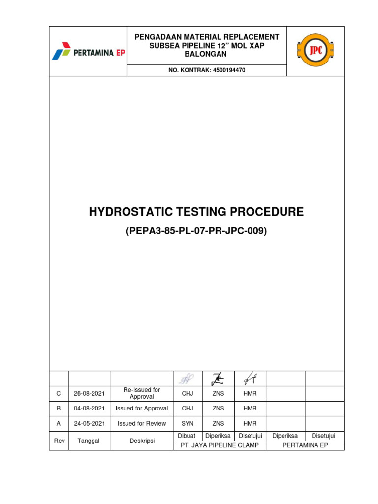 PEPA3-85-PL-07-PR-JPC-009 Rev.C Hydrostatic Testing Procedure | PDF ...