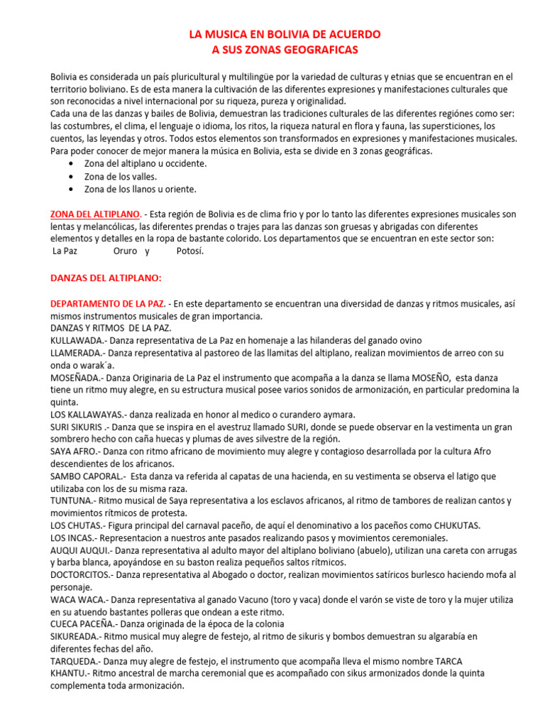 La Musica en Bolivia de Acuerdo A La Zona Geografica | PDF | Bolivia ...