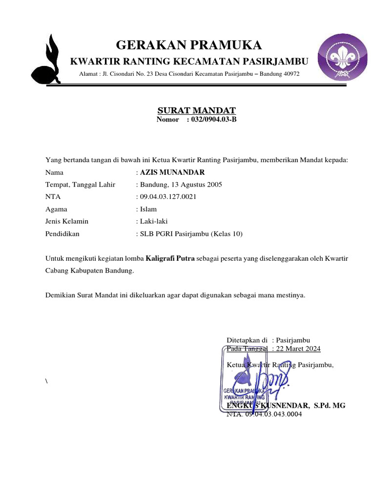 SURAT MANDAT PESERTA LOMBA SLB 2024 | PDF