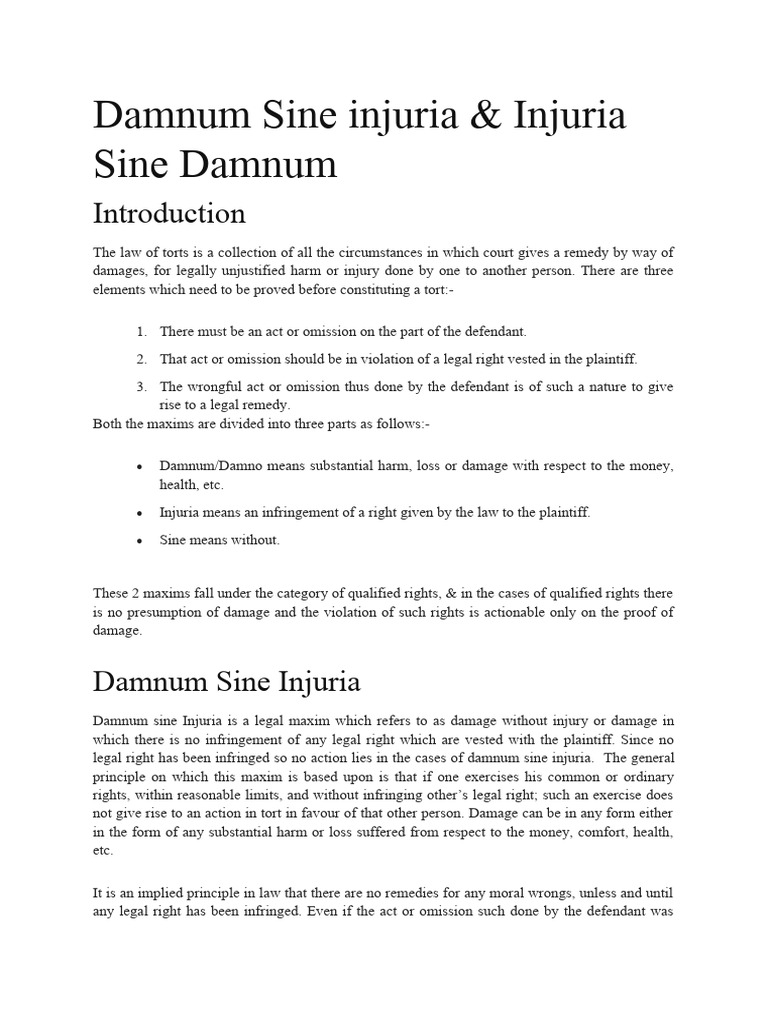 Damnum Sine Injuria & Injuria Sine Damnum | PDF | Damages | Tort