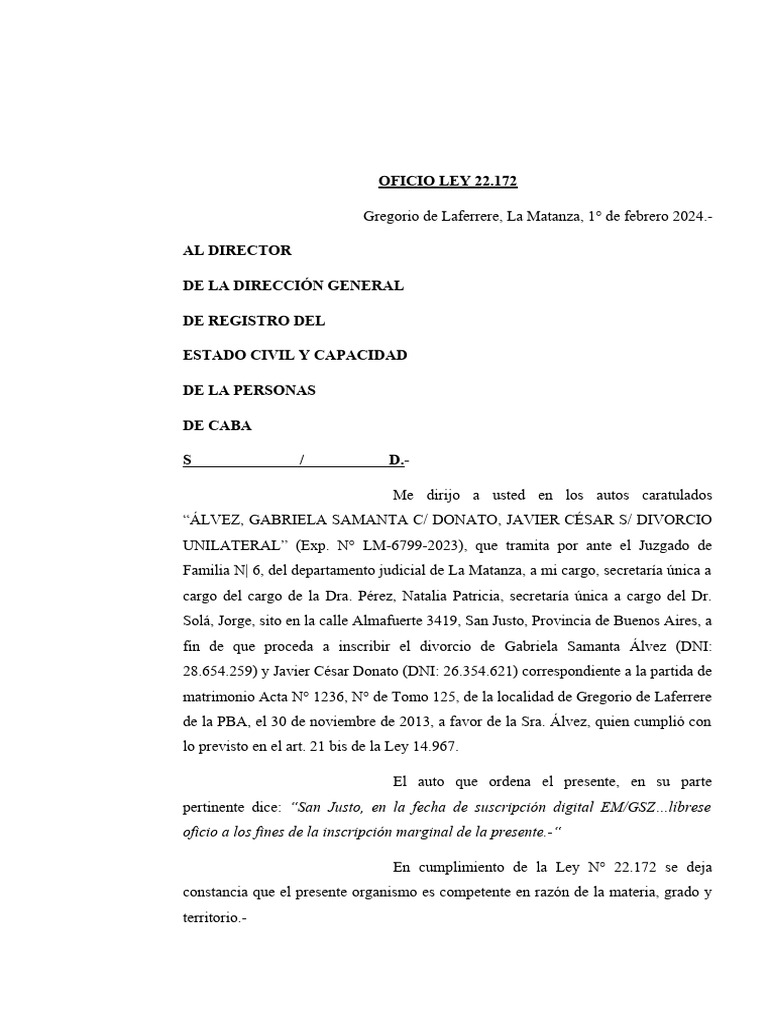 Oficio Ley 22172 | PDF
