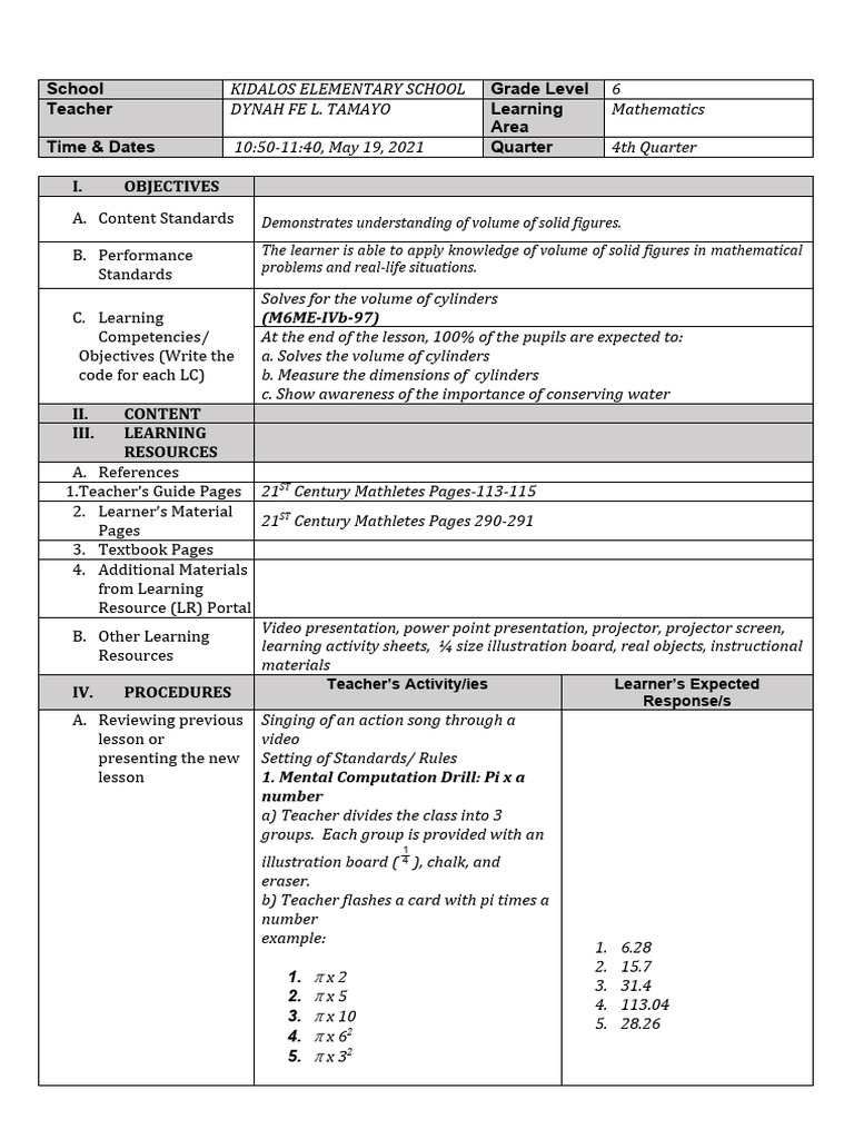 DLP MATH 6 Q4 | PDF | Area | Volume