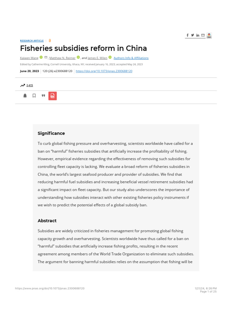 Fisheries Subsidies Reform in China PNAS | PDF | Subsidy | Overfishing