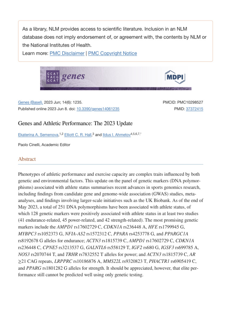 Genes and Athletic Performance - The 2023 Update - PMC | PDF | Single ...