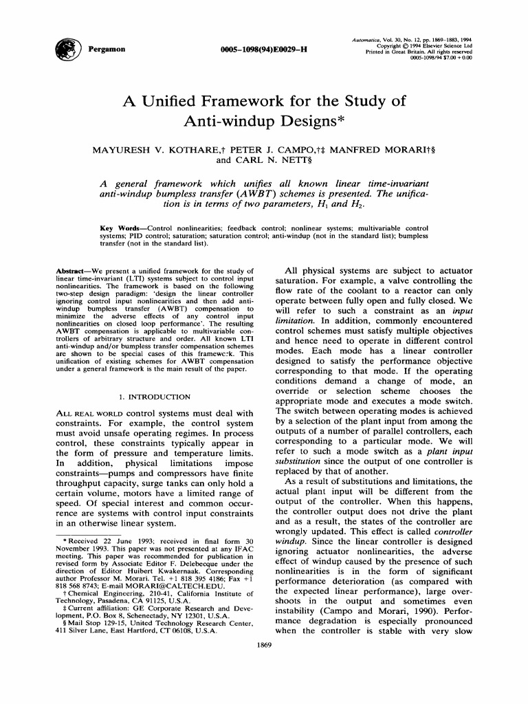 Kothare - 1994 - A Unified Framework For The Study of Anti-Windup ... Kothare - 1994 - A Unified Framework For The Study of Anti-Windup ...