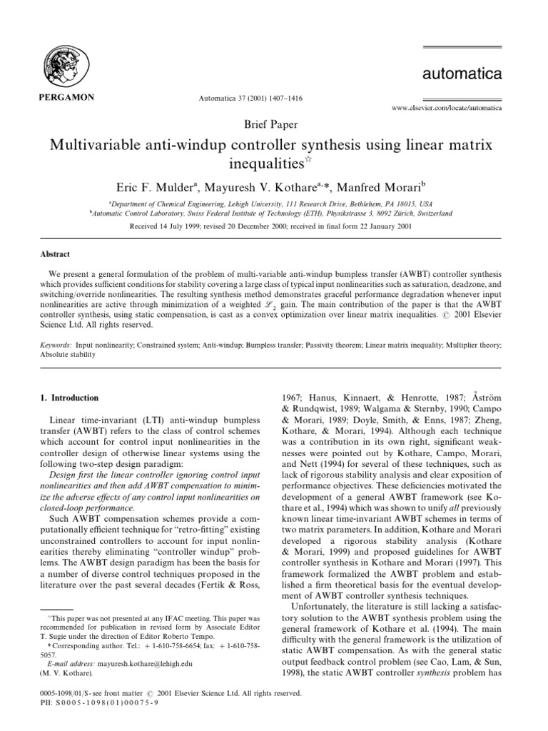 Mulder - 2001 - Multivariable anti-windup controller synthesis using linear matrix inequalities ...