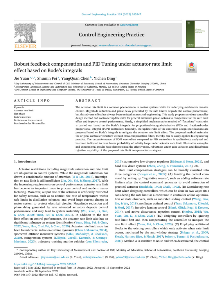 Robust Feedback Compensation and PID Tuning Under Actuator Rate Limit Effect Based On Bode's ...