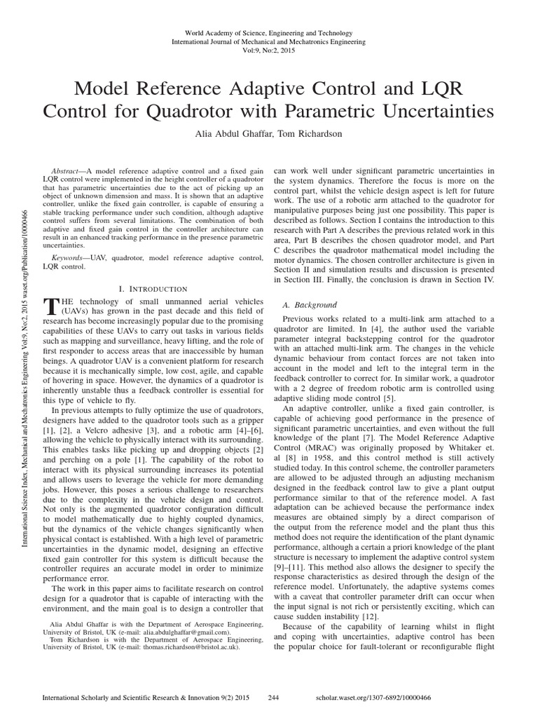 Model Reference Adaptive Control and LQR Control For Quadrotor With Parametric Uncertainties ...