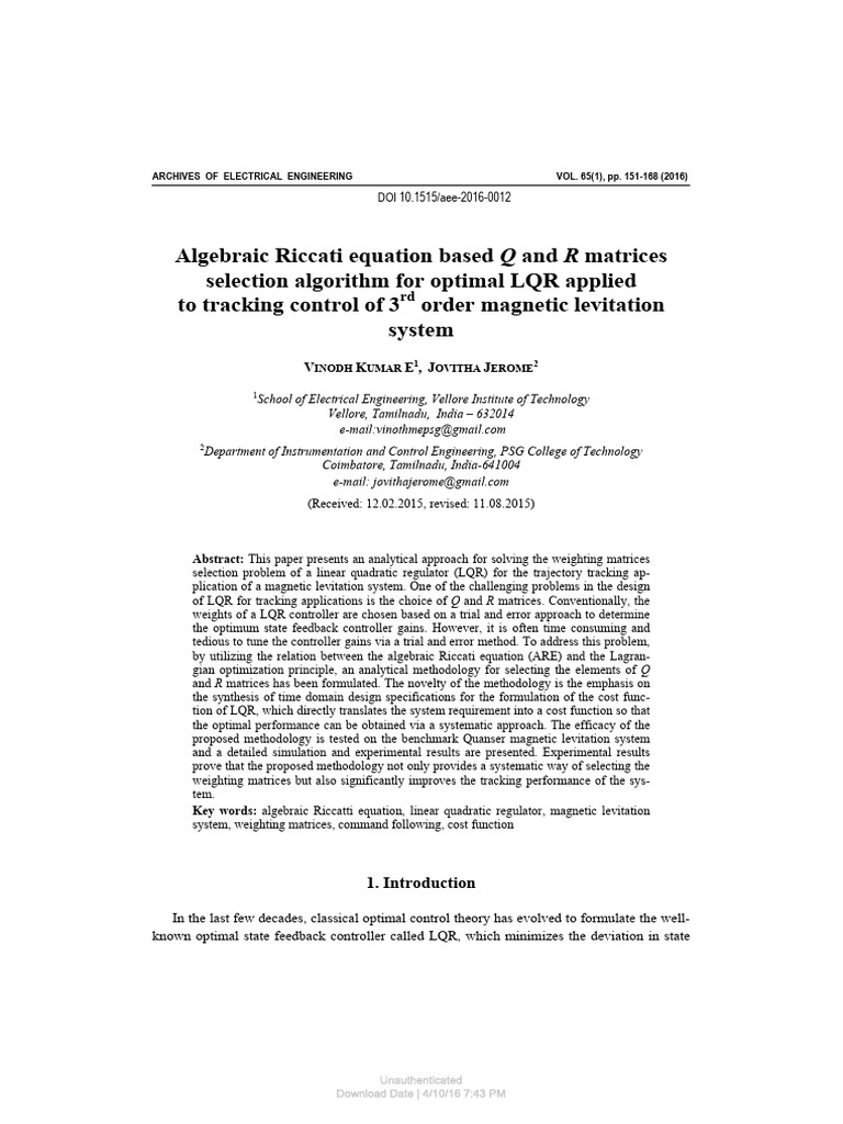 Algebraic Riccati Equation Based Q and R Matrices | PDF | Mathematical Optimization | Matrix ...