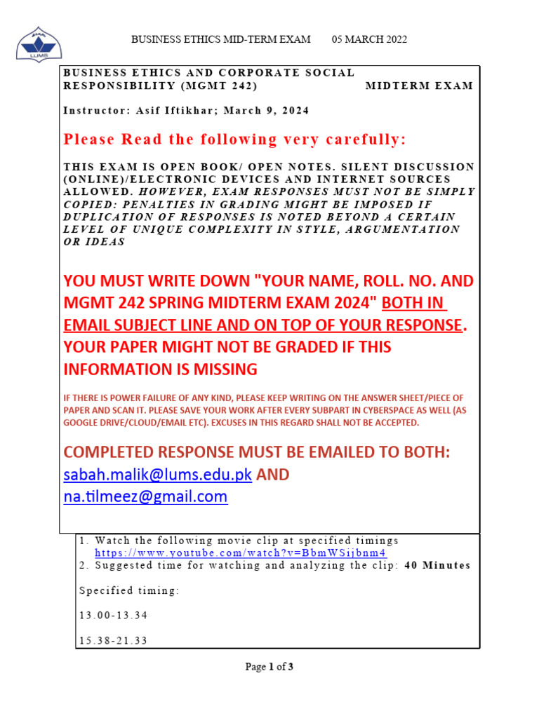 MGMT 242 - Be - Asif Iftikhar - Spring 2024 - Mid Term | PDF