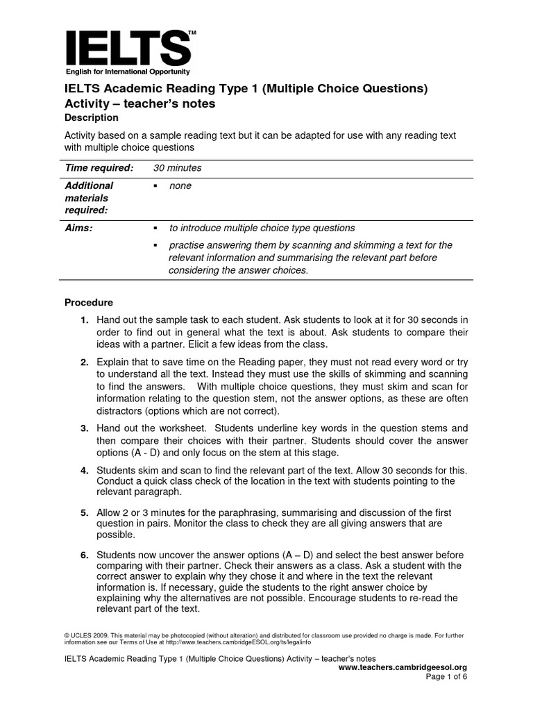 Ielts Academic Reading Task Type 1 Multiple Choice Questions Activity ...