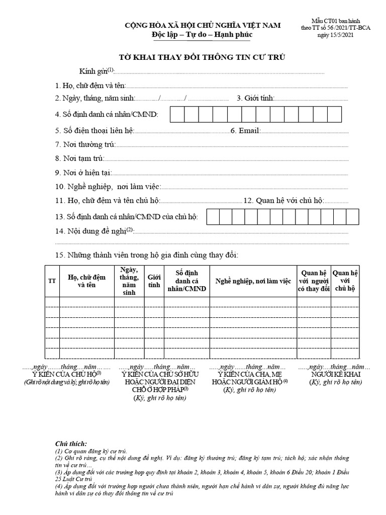 To Khai Thay Doi Thong Tin Cu Tru ct01 | PDF