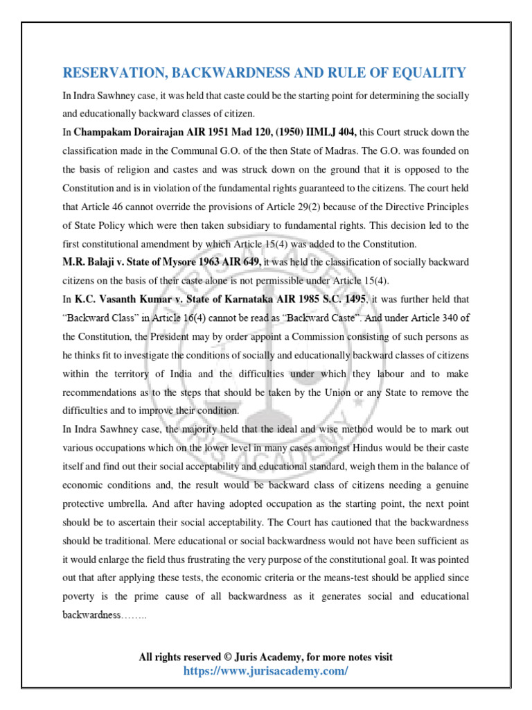 Reservation Backwardness and Rule of Equality | PDF | Constitution ...