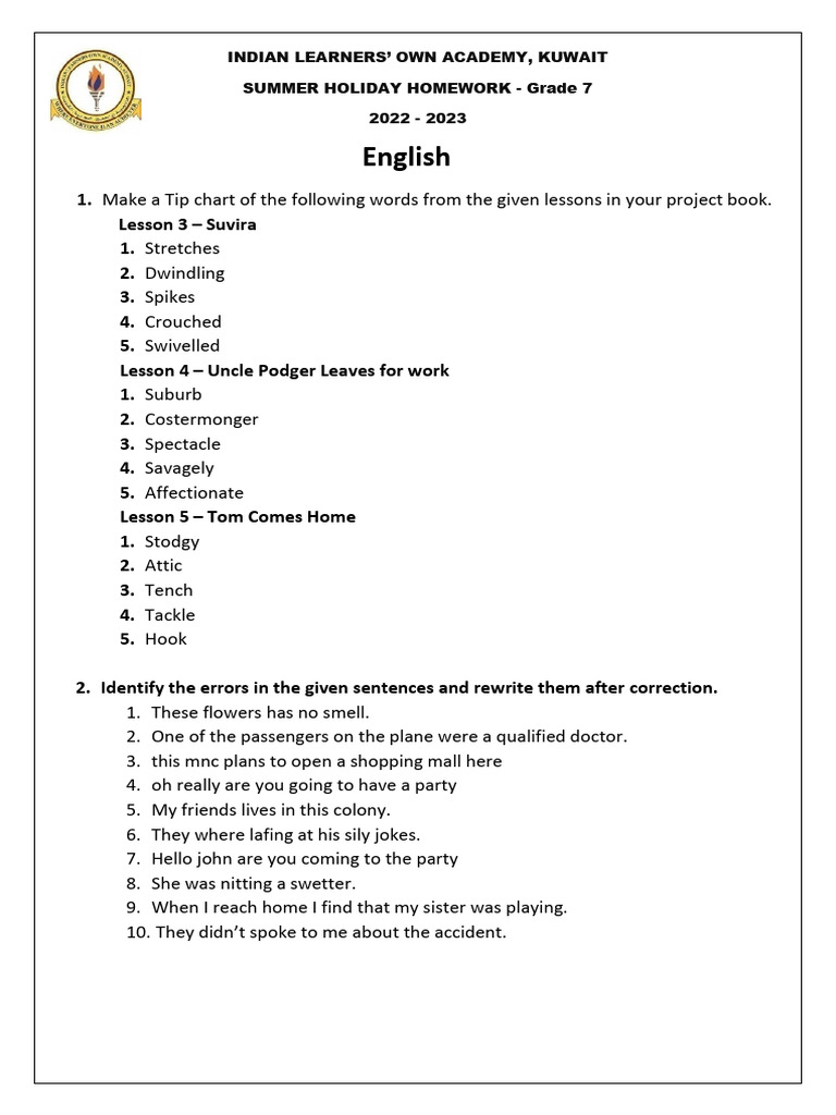 Grade 7 Summer Holiday Homework | PDF