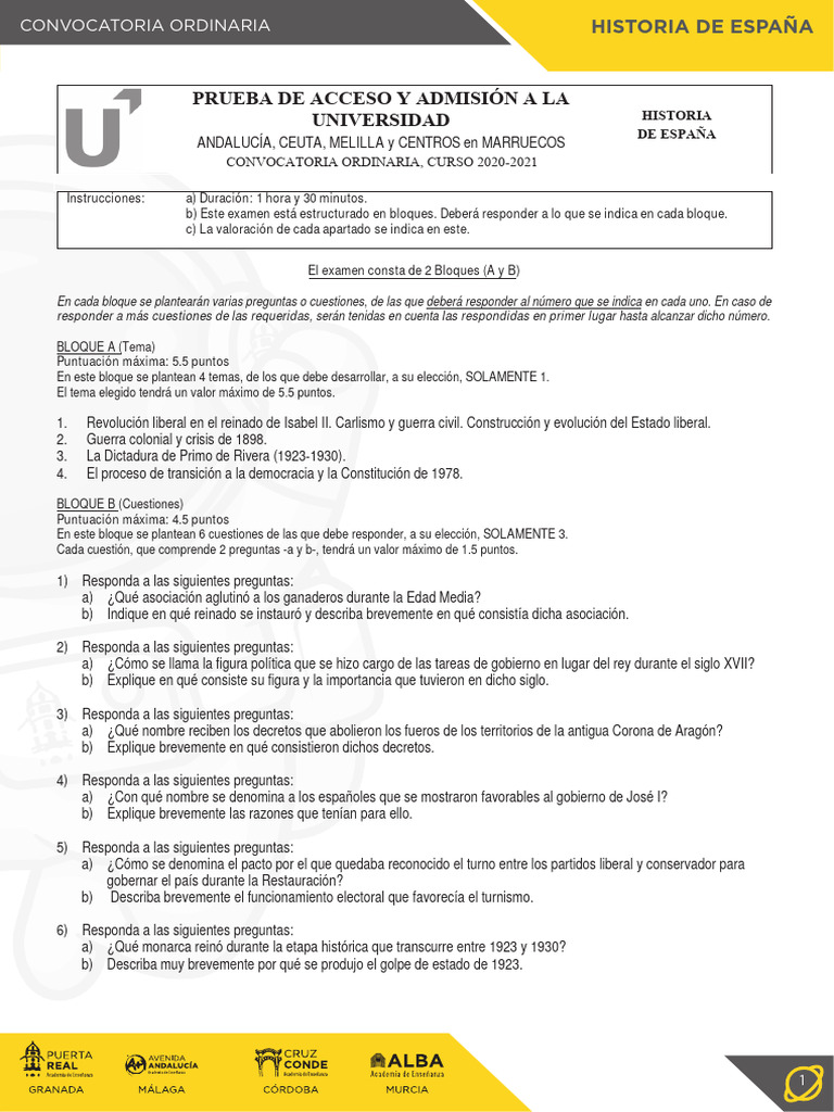 Examen de Historia de España 2020-2021 | PDF | España | guerra civil ...