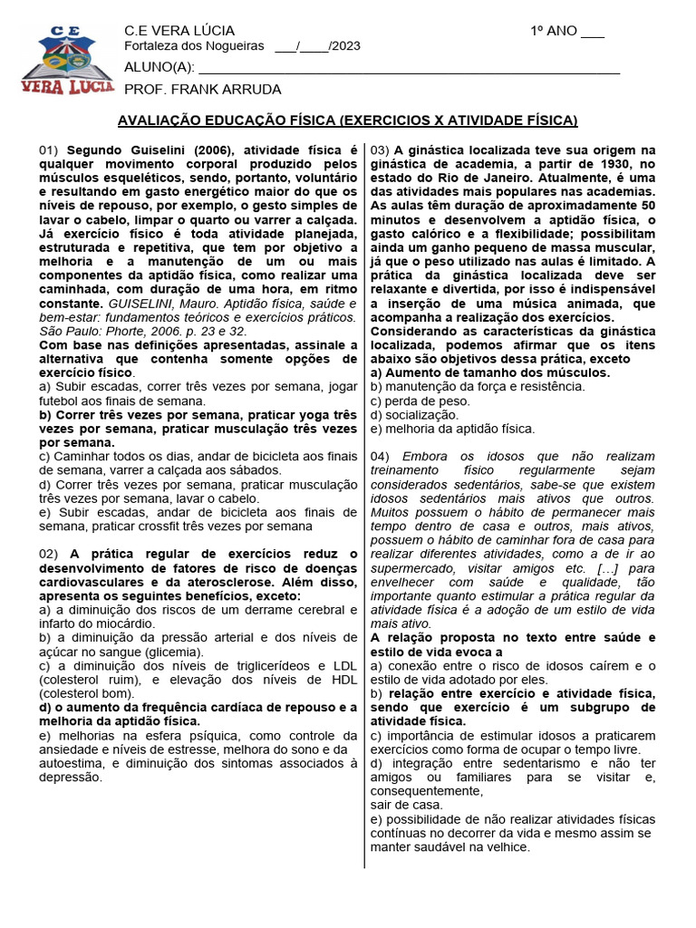 Avaliação de Atividade Física e Exercícios | PDF