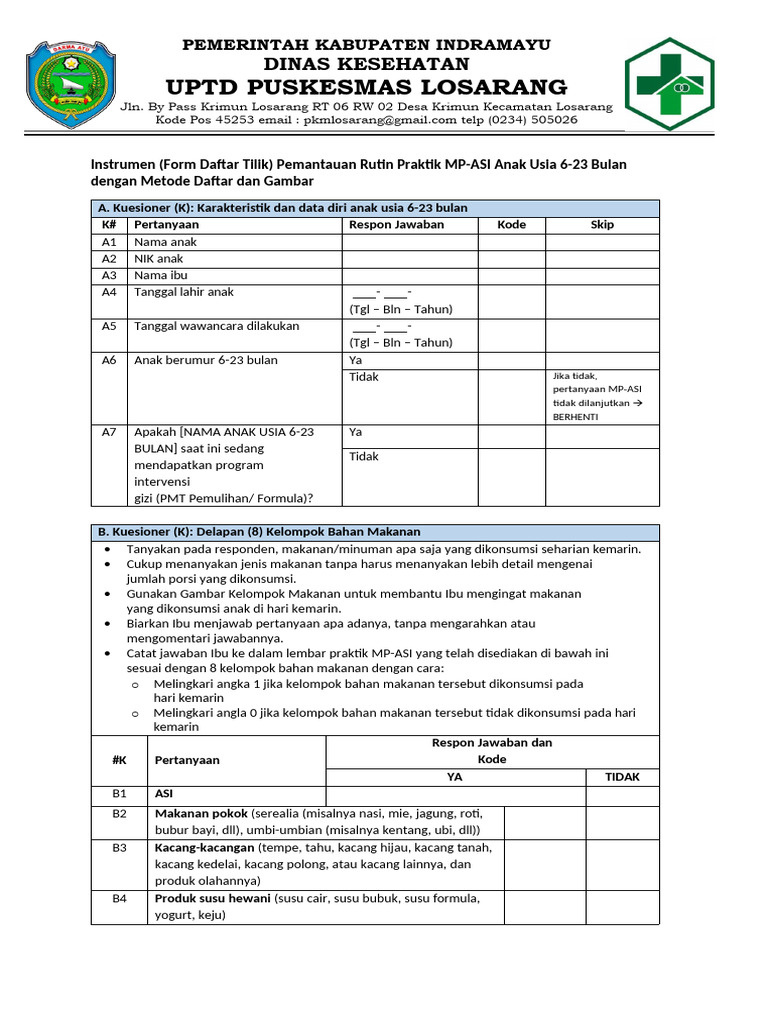 Instrumen FORM DAFTAR TILIK Pemantauan Praktik MPASI | PDF