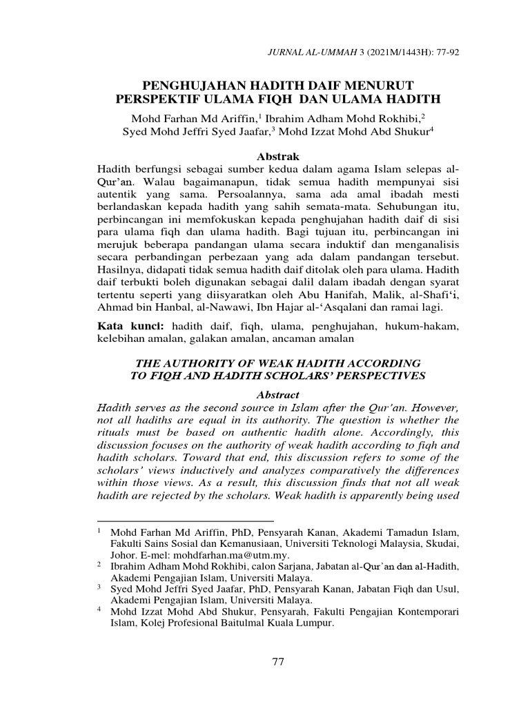 2022 - Penghujahan Hadith Daif Menurut Perspektif Ulama Fiqh Dan Ulama ...