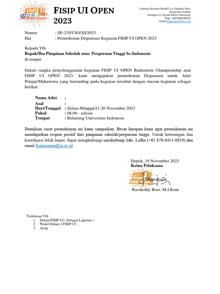 Surat Dispensasi FISIP UI OPEN 2023 | PDF