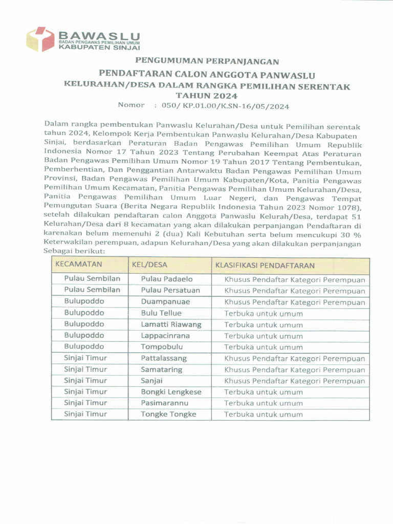 Pengumuman Perpanjangan Pendaftaran Calon Panitia Pengawas Kelurahan Atau Desa PKD | PDF