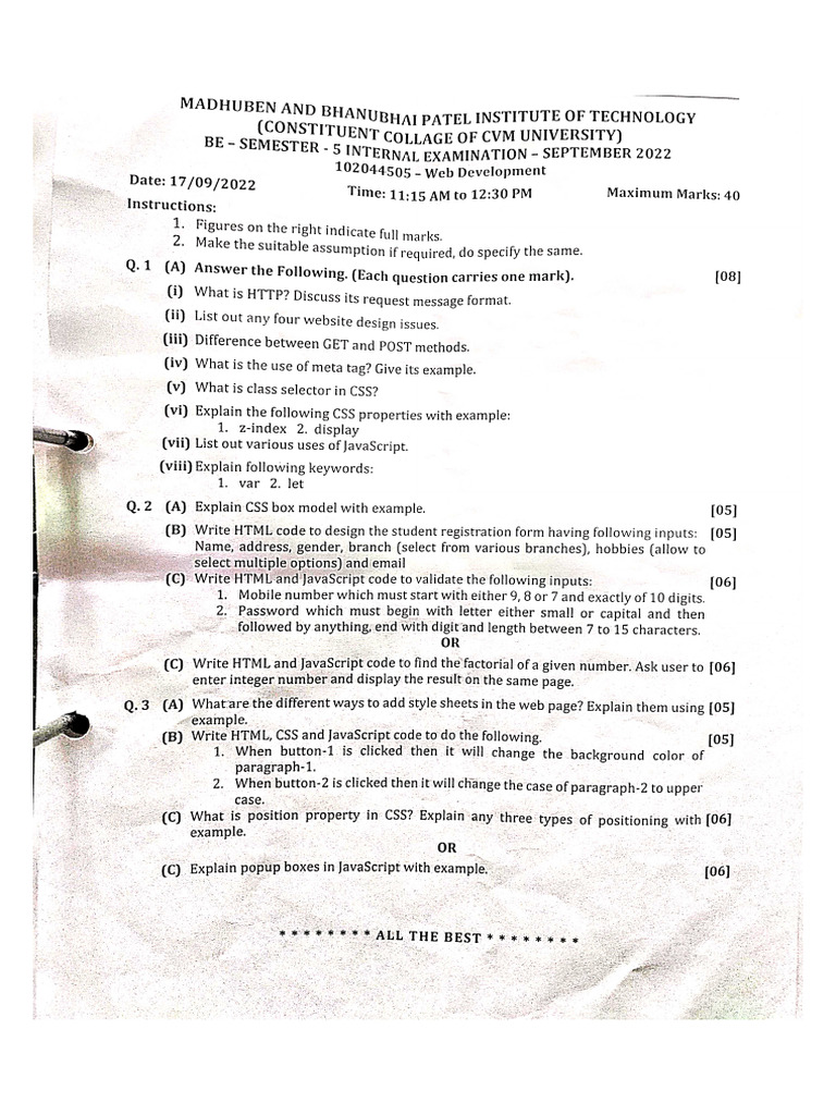 Last Year Paper | PDF