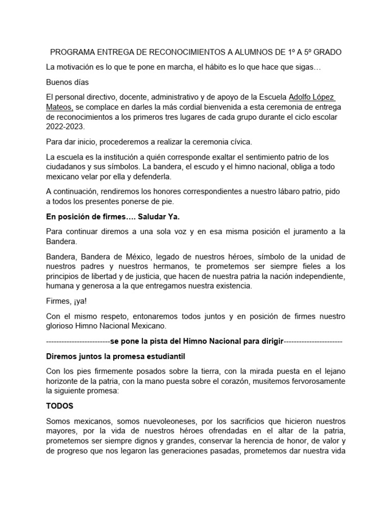 Programa Entrega de Reconocimientos A Alumnos de 1º A 5º Grado | PDF | Símbolos nacionales | Nación