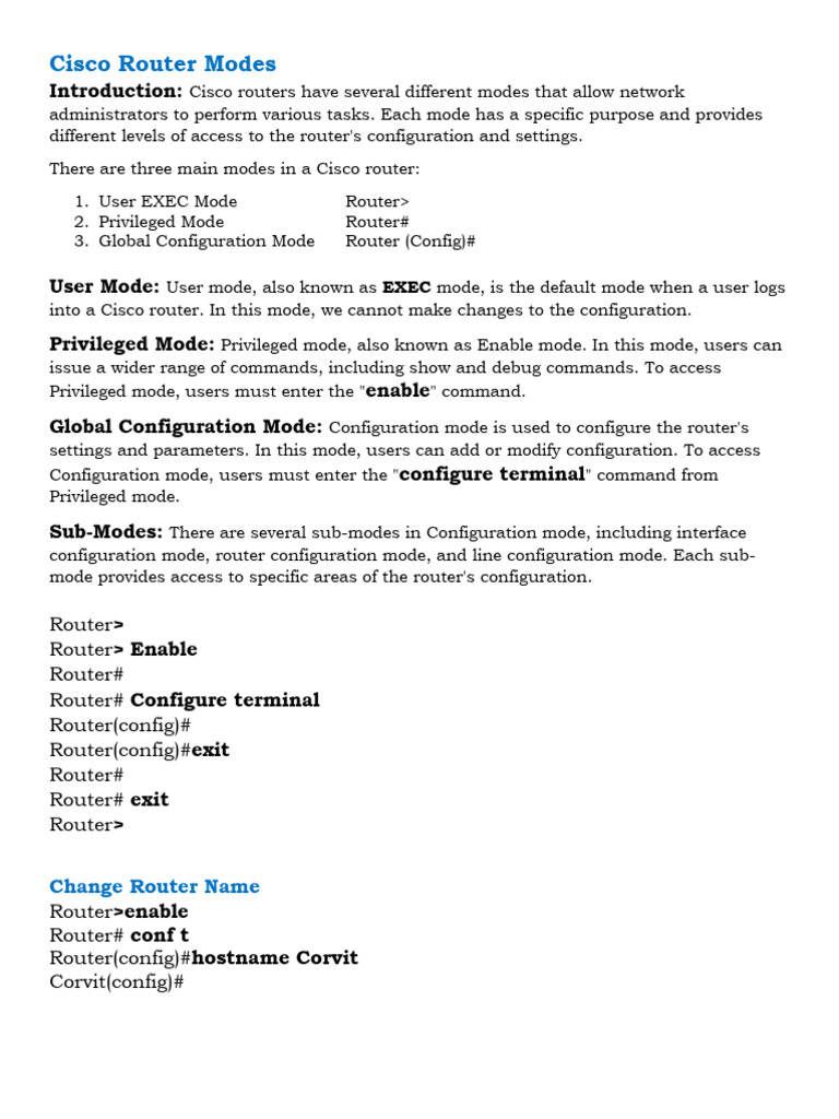 Cisco Router Modes & Commands | PDF | Router (Computing) | Operating ...