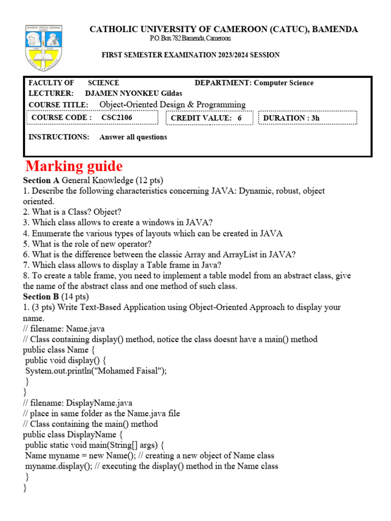 Solution Exam Questions Set 2 Csc2106 Object Oriented Design And Programming Download Free Pdf