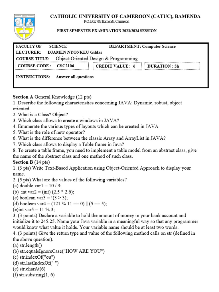 Exam Questions Set 2 Csc2106 Object Oriented Design And Programming Pdf Method Computer