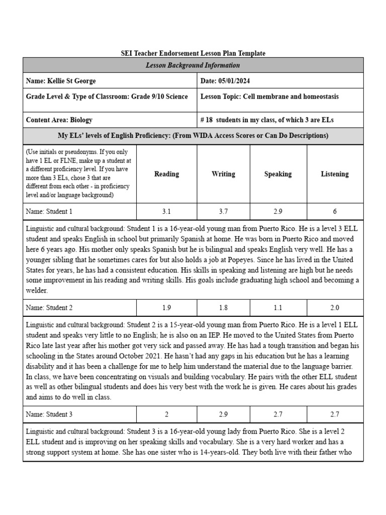 Biology SEI Lesson Plan | PDF | Cell (Biology) | Vocabulary
