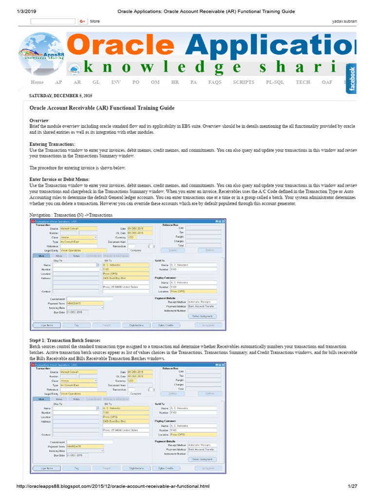 Oracle AR Functional Training Guide | PDF | Receipt | Invoice
