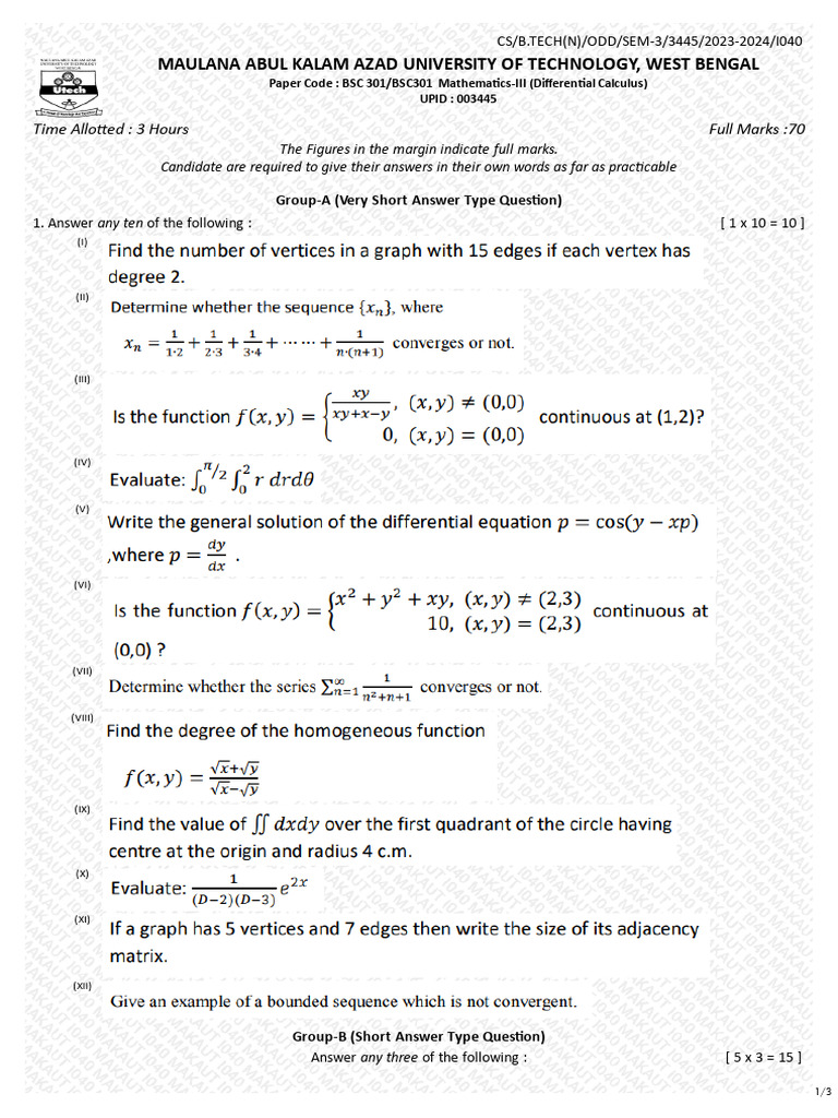 BSC 301 Mathematics-III (Differential Calculus) - 3445 - I040 | PDF